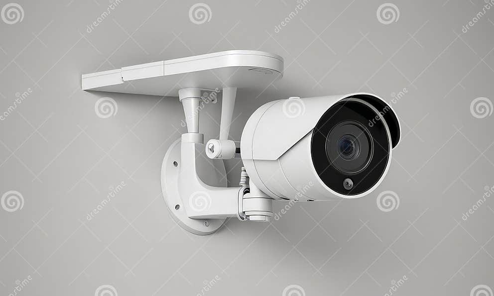 White Surveillance Camera with Black Lens and Flash is Mounted on Gray ...