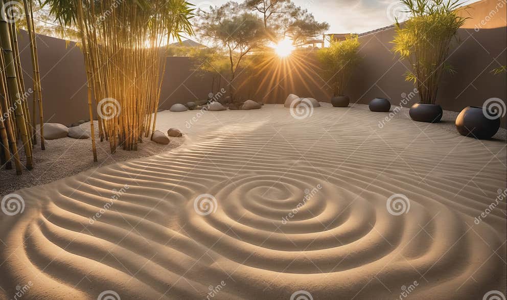 A Zen Garden with a Spiral Pattern in the Sand Stock Photo - Image of ...