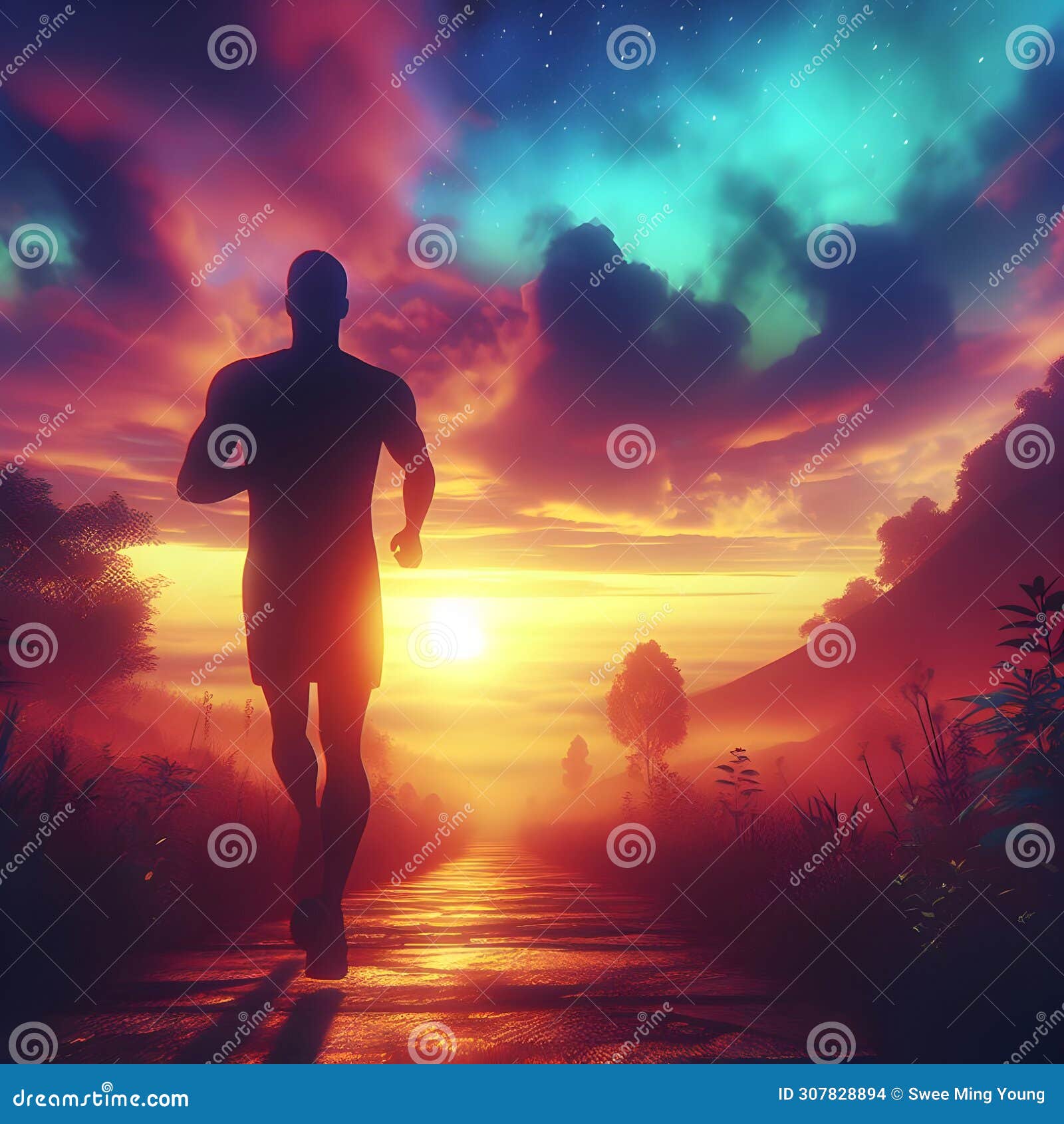 Image of Silhouette of a Jogger Walking into the Sunset, Dreamy and ...