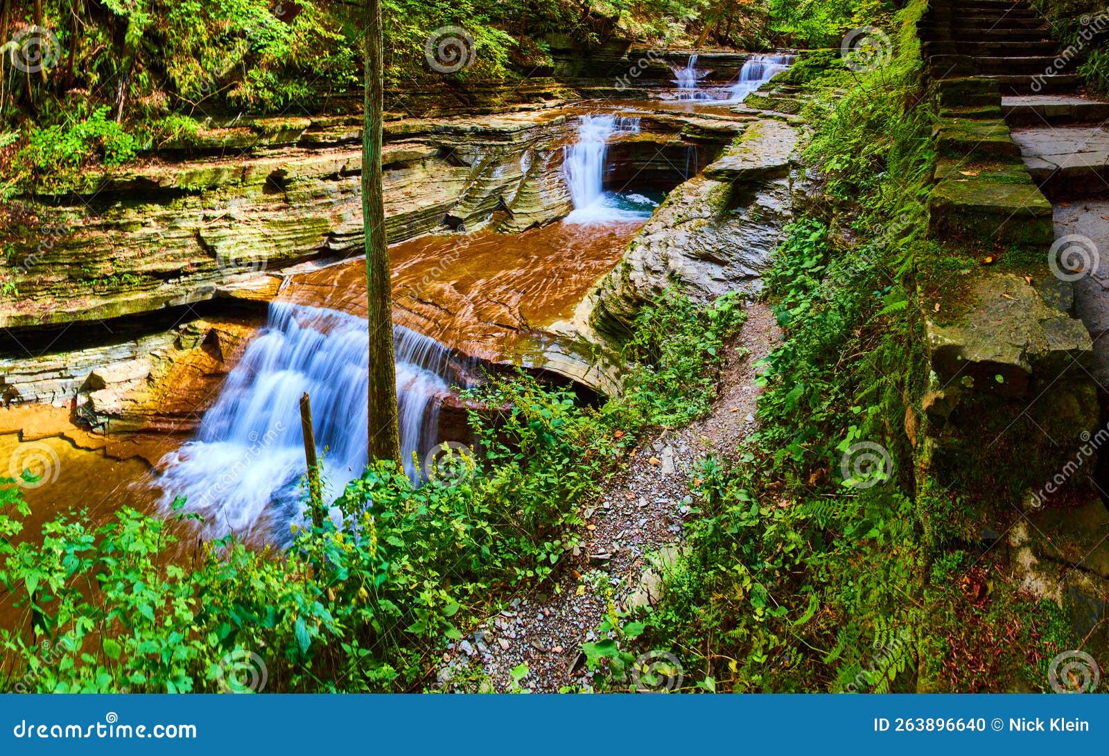 Simple Path and Stone Steps Along River with Cascading Tiers of ...