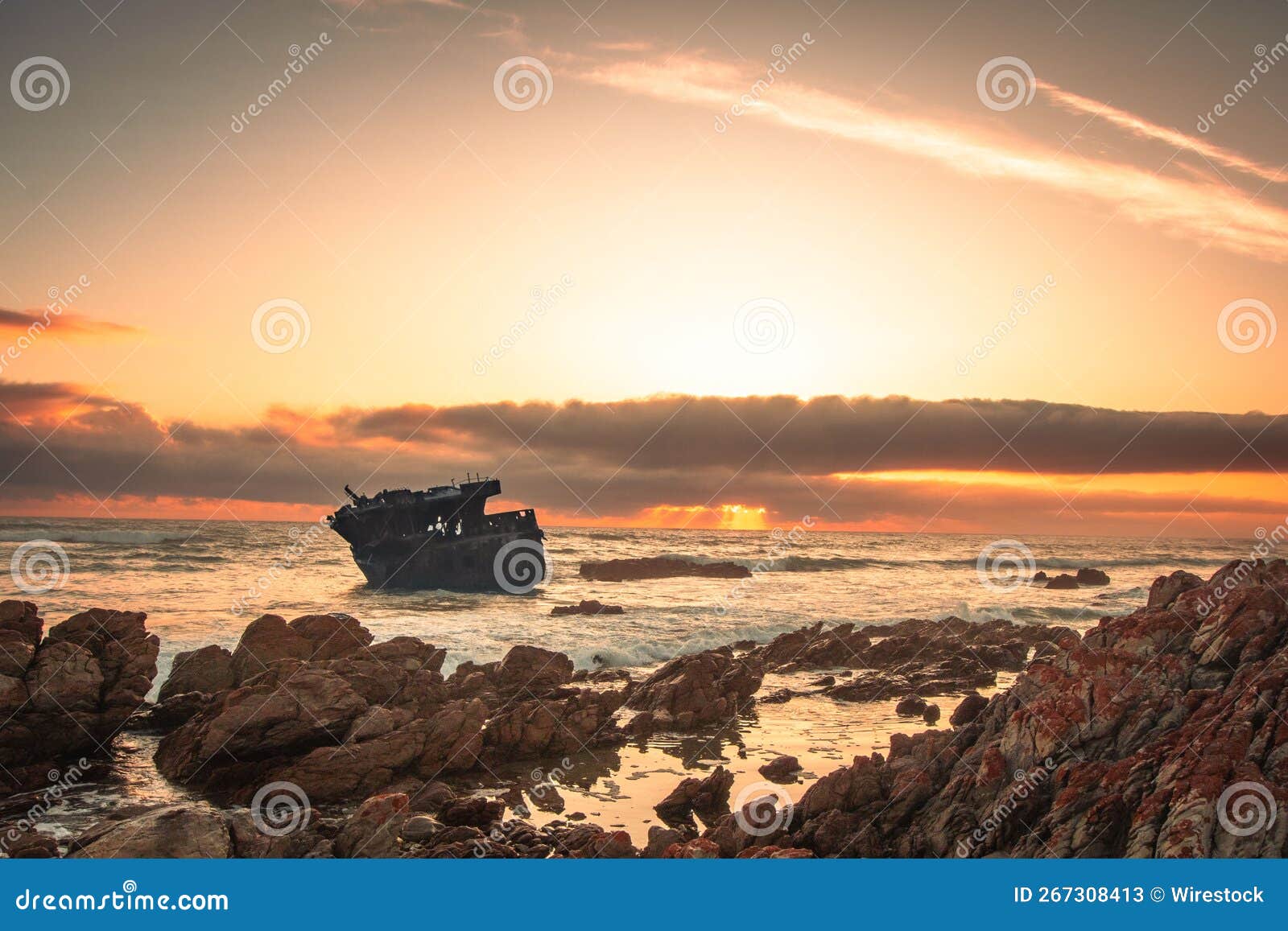 Image of a Sing Ship in the Waves of the Sea during the Yellow Sunset ...