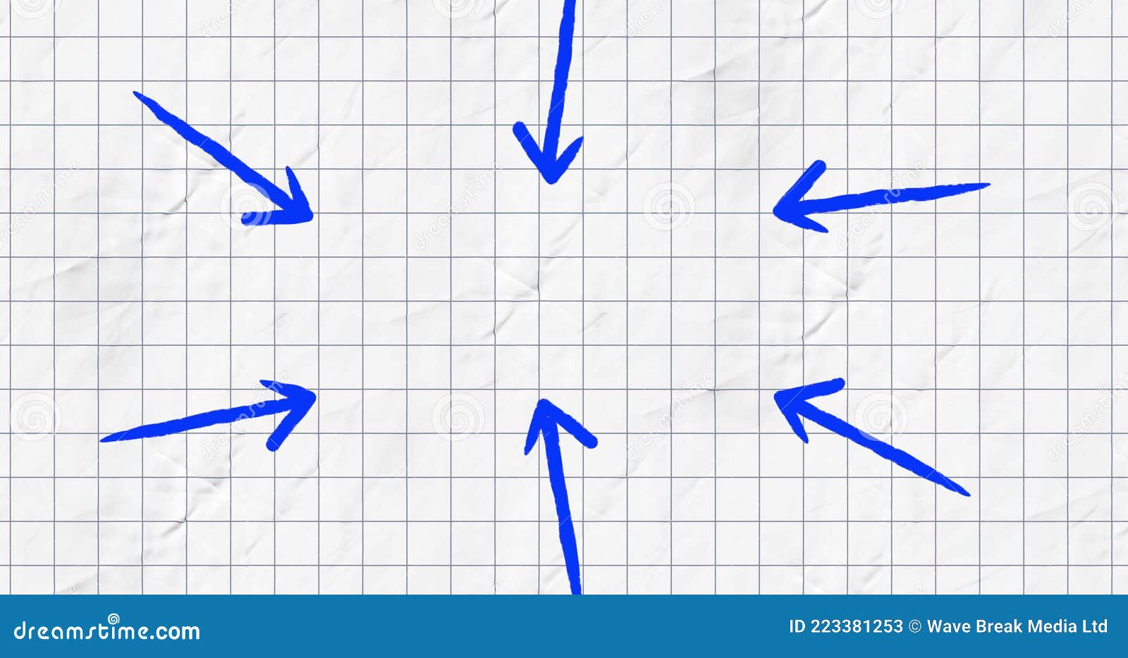 Image Of Six Blue Arrows Pointing Inwards On White Squared Paper ...