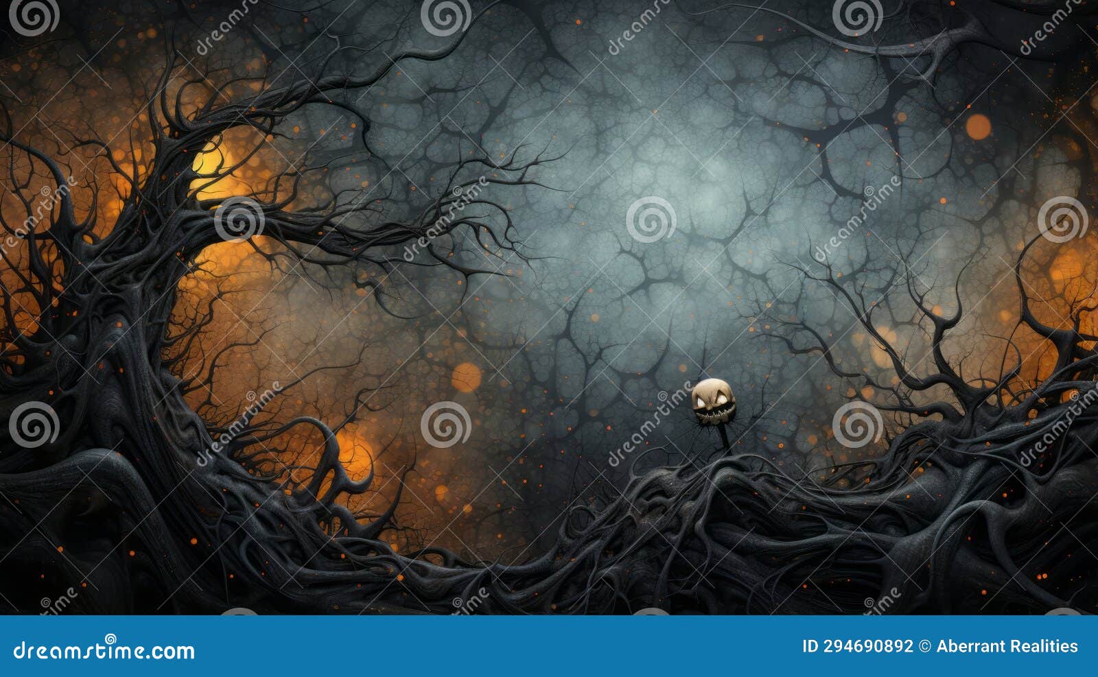An Image of a Skeleton Sitting on a Tree in a Dark Forest Stock ...