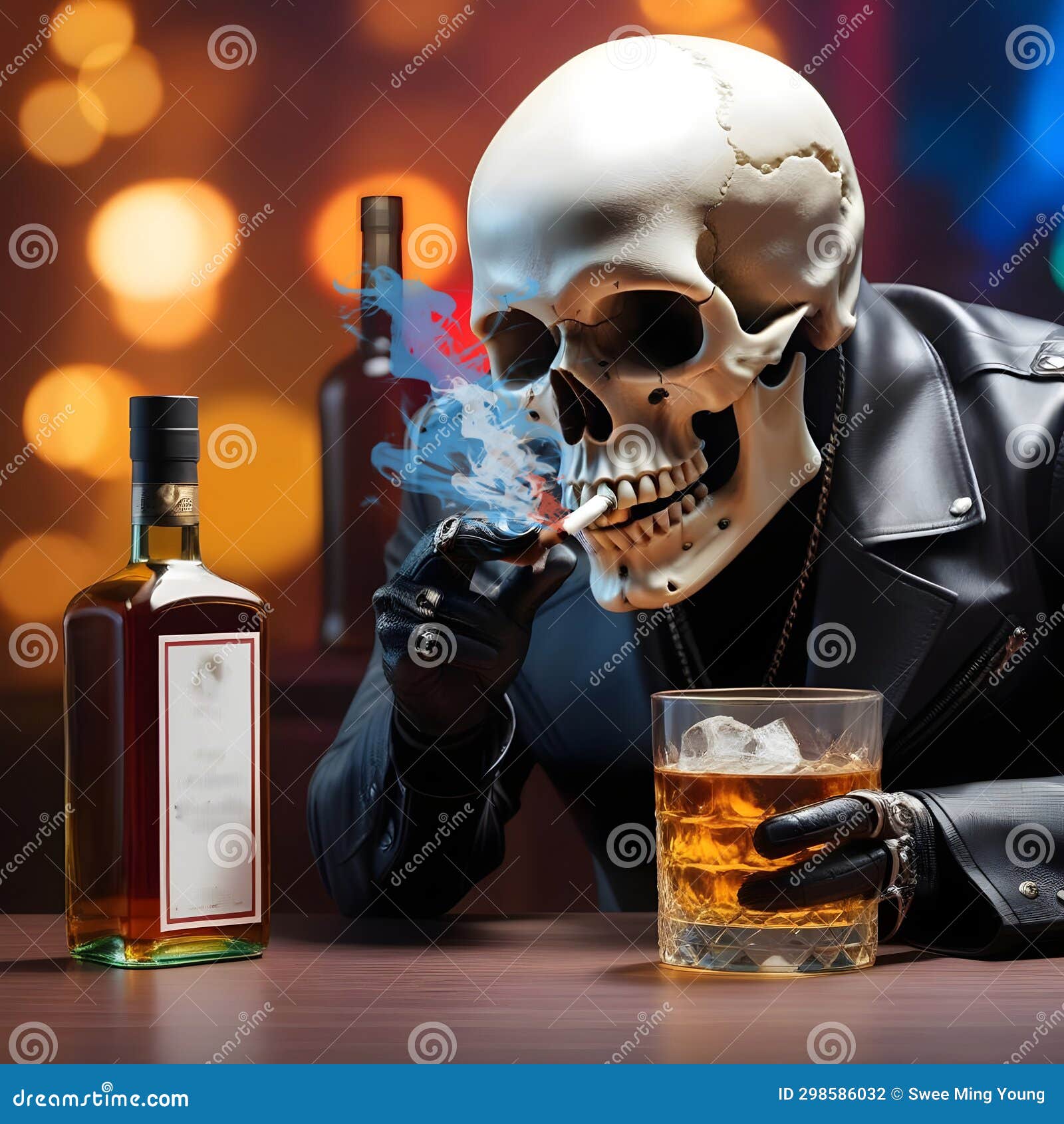 Image of a Skeleton Skull Head Smoking Cigarette in His Mouth and an ...