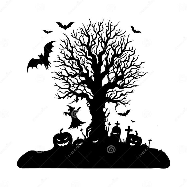 Halloween Scary Tree. Black Silhouettes on White Background. Vector ...