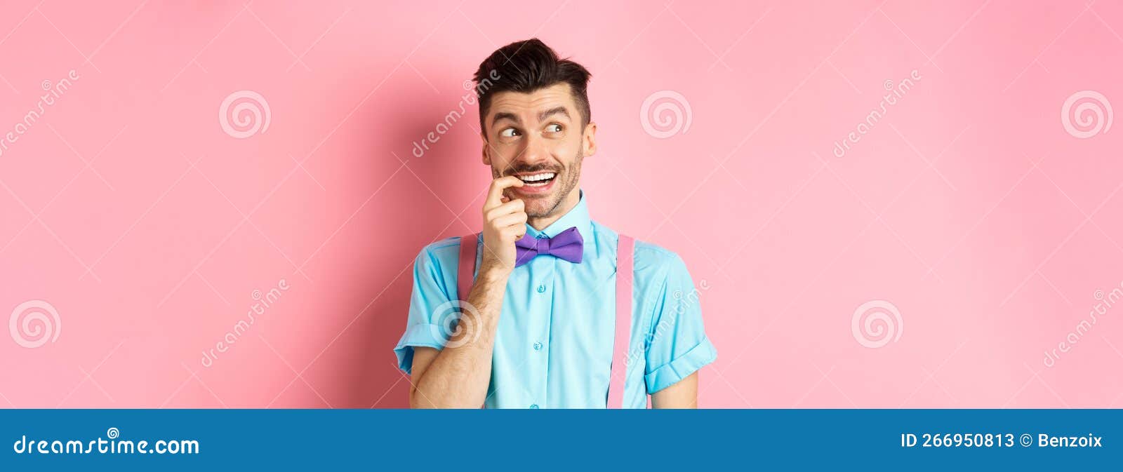 Image of Smiling Man Making Choice, Looking Dreamy and Happy Aside ...