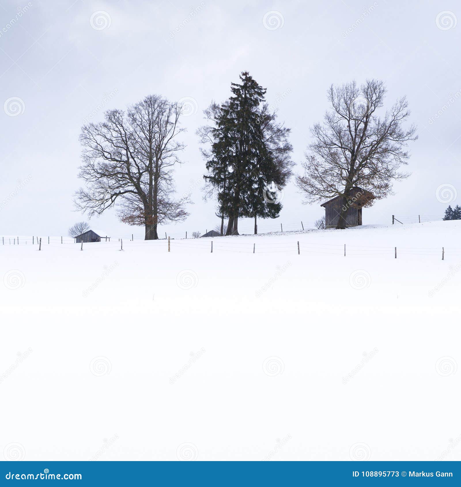 A Snow Covered Landscape with Three Huts Stock Image - Image of covered ...