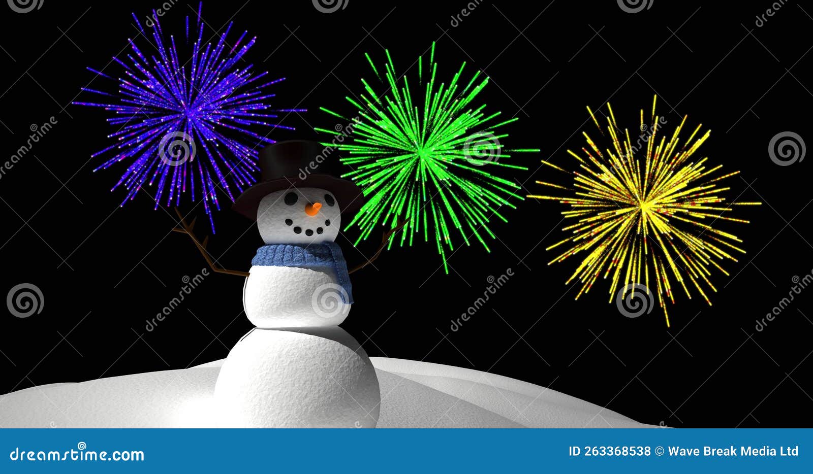 Image of Snowman with Colourful Christmas and New Year Fireworks ...
