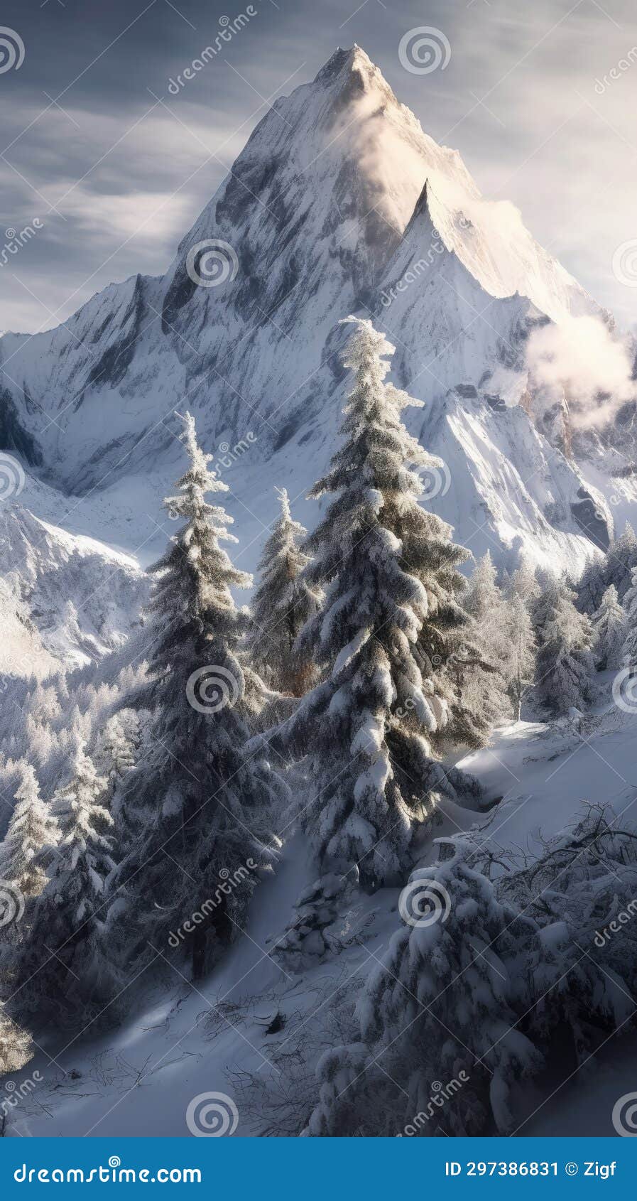 Image of a Snowy Mountain with Trees in the Foreground Stock ...