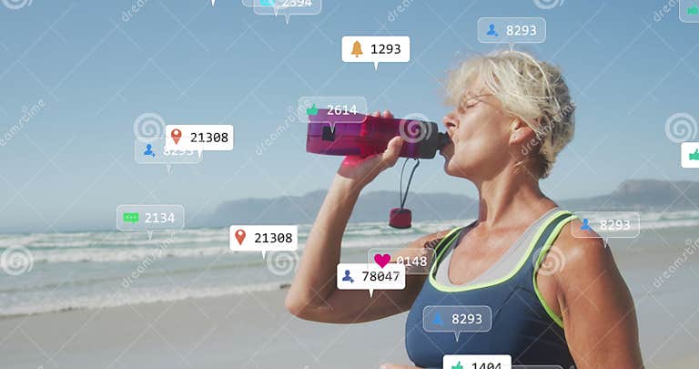 Image of Social Media Data Processing Over Caucasian Drinking during Exercis on Beach Stock ...
