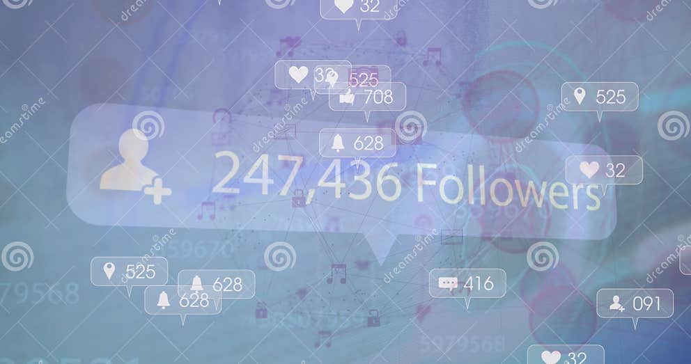 Image of Social Media Notifications Over Data Processing and Interference on Blue Background ...