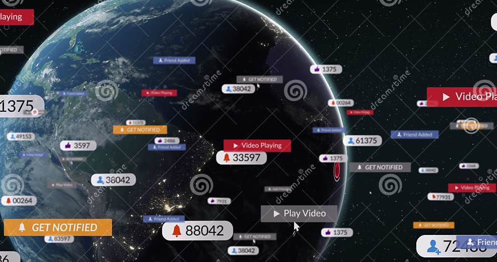 Image of Social Media Notifications Processing Data Over Globe in Night Sky Stock Image - Image ...
