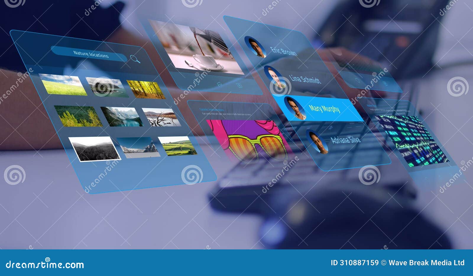 Image of Social Media Posts and People Profiles Over Hands Typing on ...