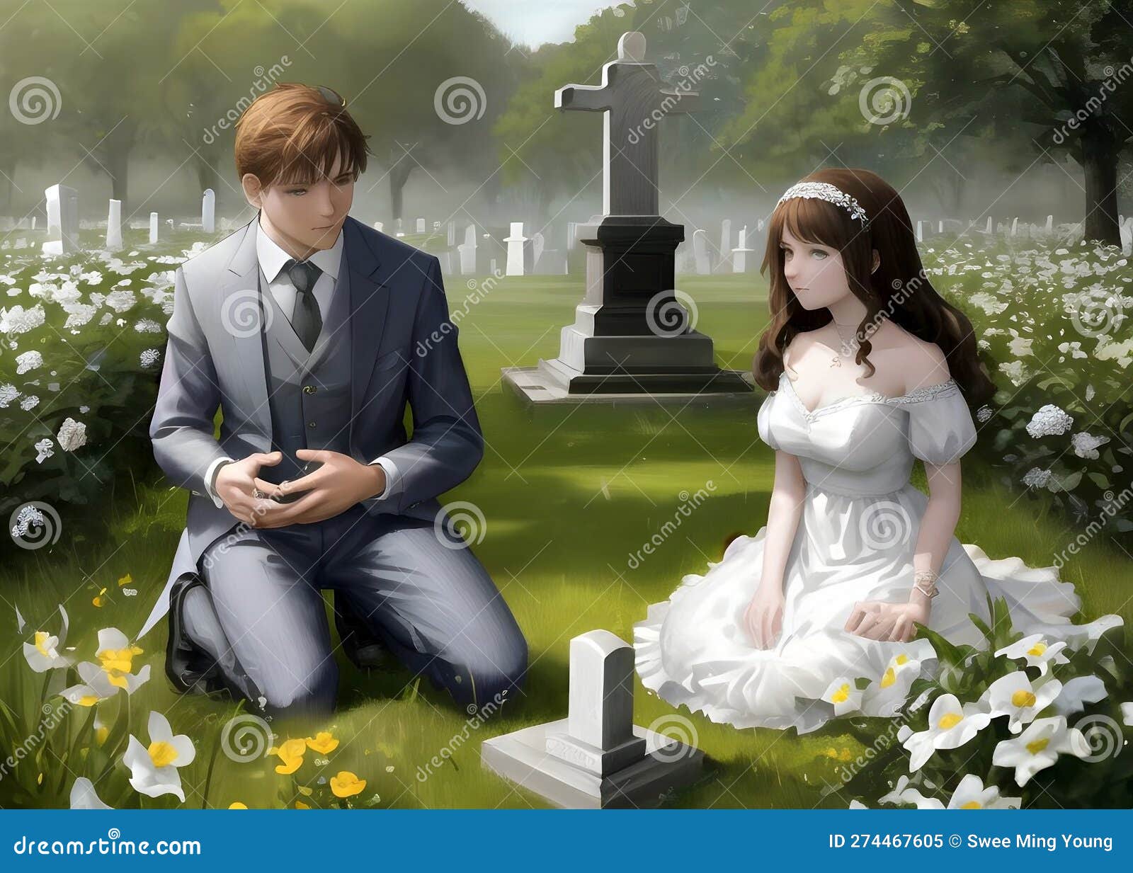 Image of Someone Kneeling by a Grave in an Overgrown Garden Mourning ...