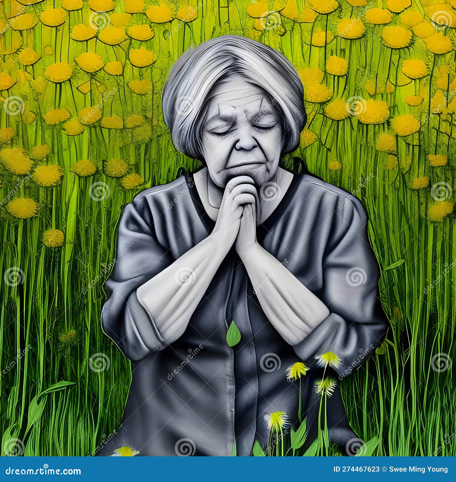 Image of Someone Kneeling by a Grave in an Overgrown Garden Mourning ...