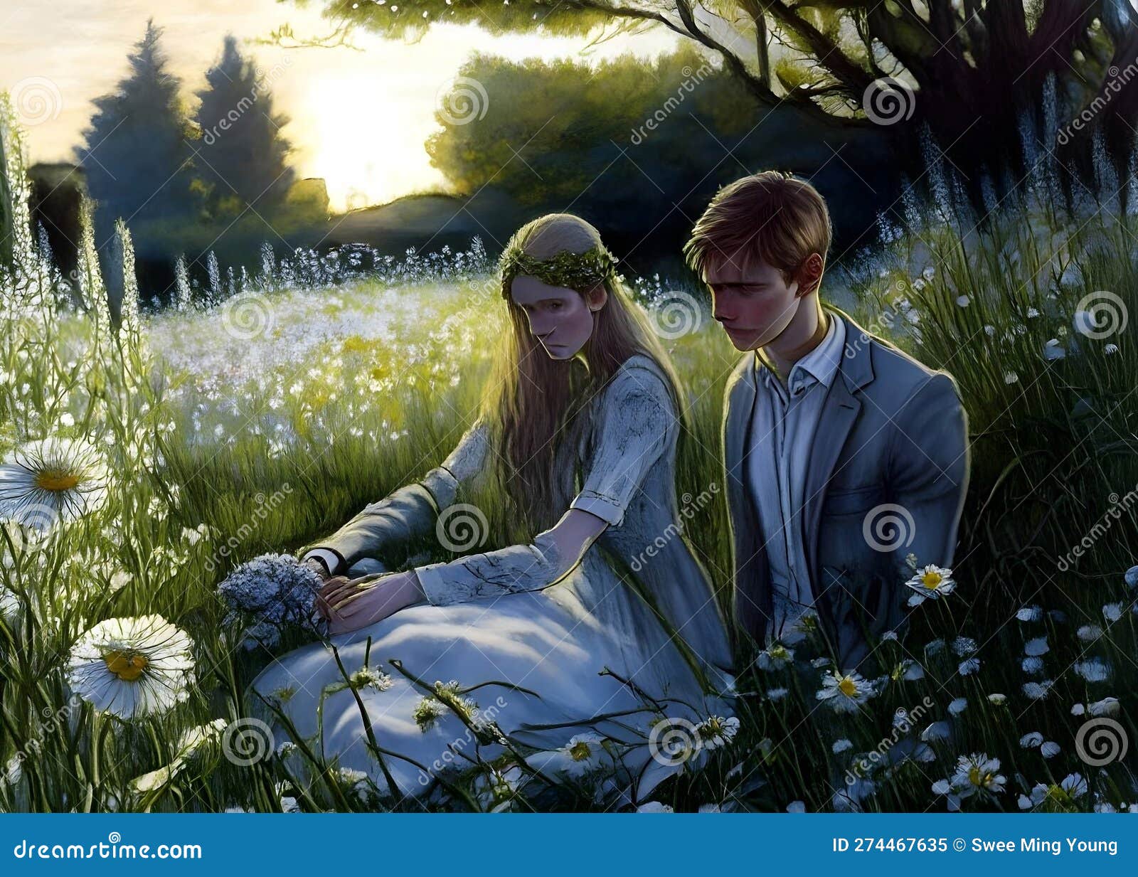 Image of Someone Kneeling by a Grave in an Overgrown Garden Mourning ...