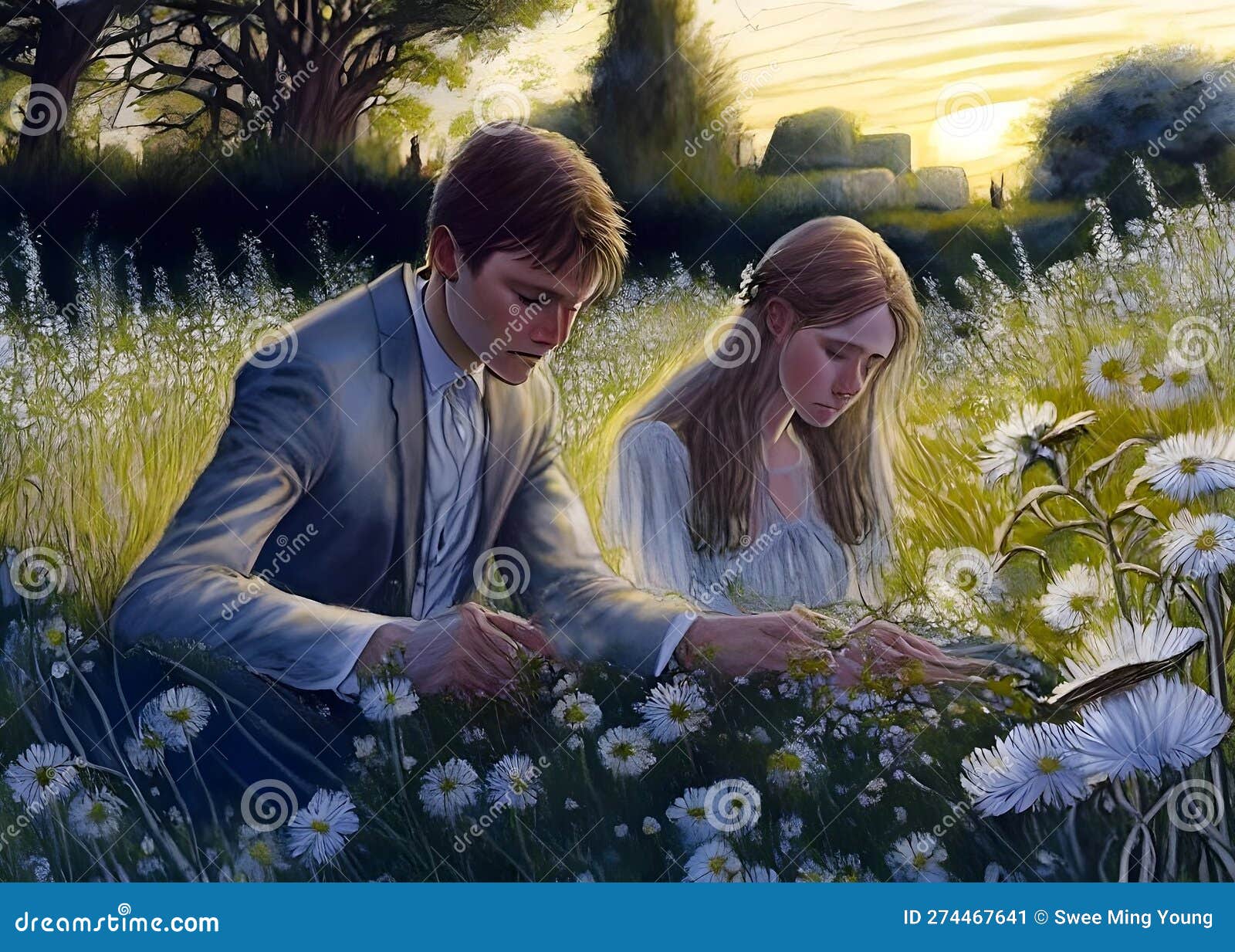 Image of Someone Kneeling by a Grave in an Overgrown Garden Mourning ...