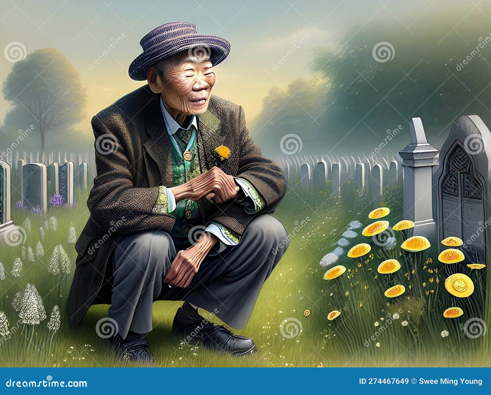 Image of Someone Kneeling by a Grave in an Overgrown Garden Mourning ...