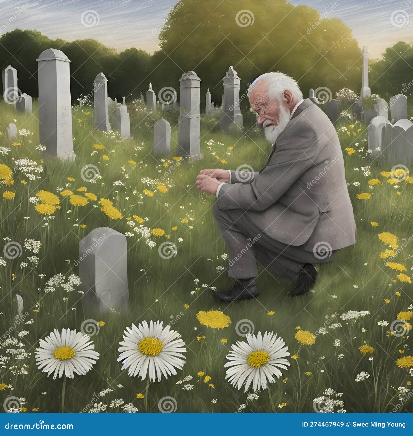 Image of Someone Kneeling by a Grave in an Overgrown Garden Mourning ...