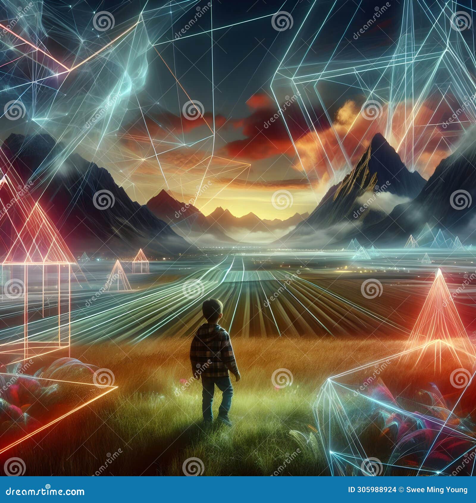 Image of Someone Stands by an Empty Field, Abstract Neon Structures, in ...