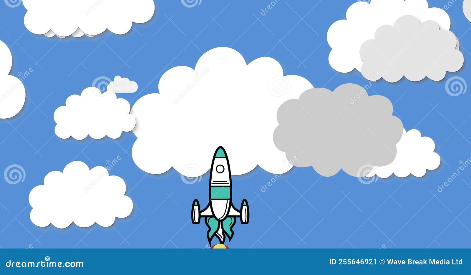 Image of Spaceship Rocket Taking Off with Cut Outs of White Clouds ...