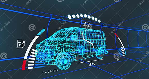 Image of Speedometer Over 3d Model of a Van Moving Against Blue ...