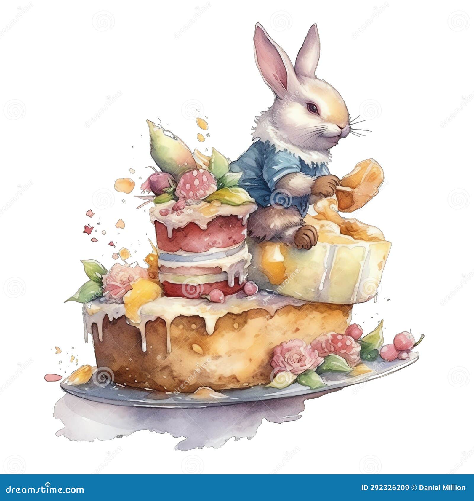 Spring Rabbit on Cake Watercolor Illustration, Spring Clipart Stock ...