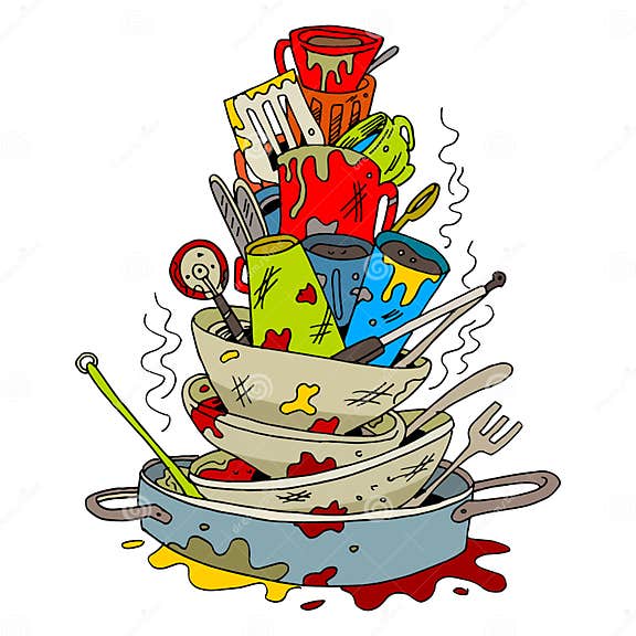 Stack of Dirty Dishes Cartoon Stock Vector - Illustration of bowls ...