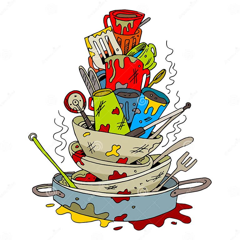 Stack of Dirty Dishes Cartoon Stock Vector - Illustration of bowls ...