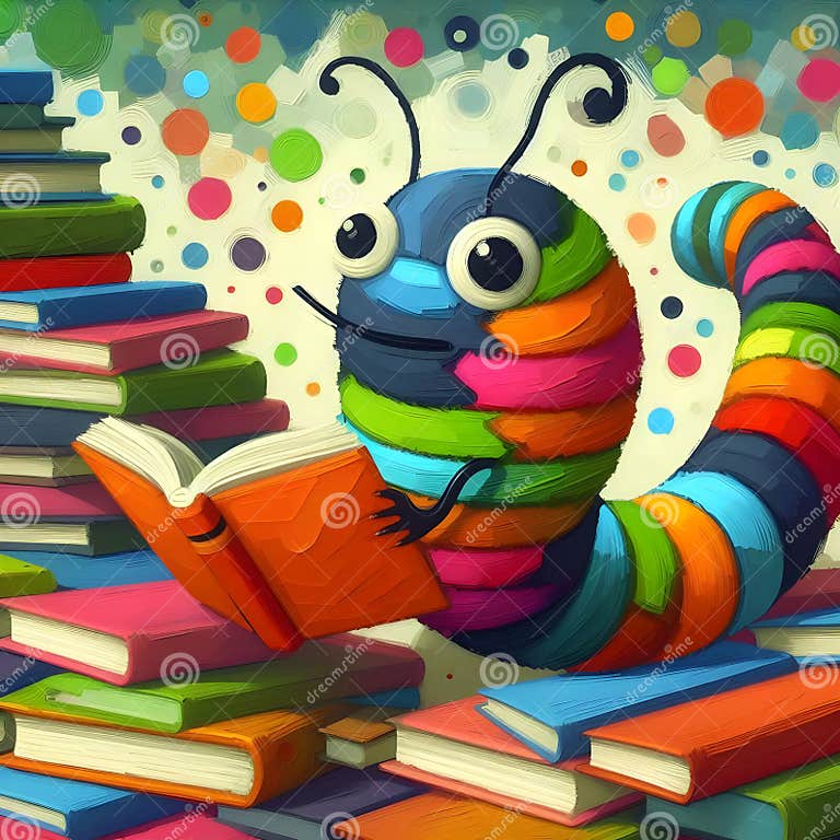 Image of a Stack of Random Colorful Books with Patchwork Bookworm on it ...