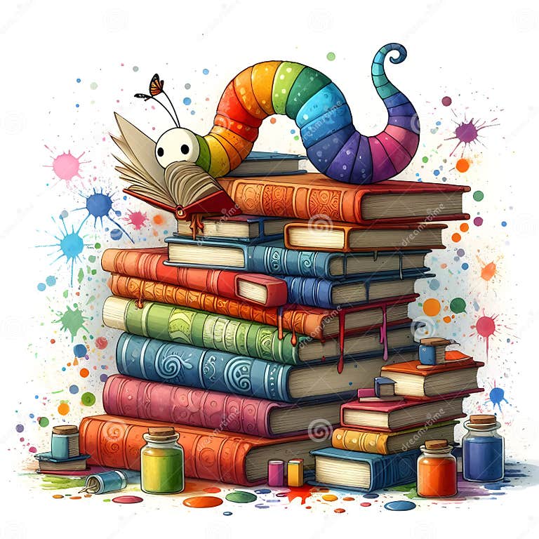 Image of a Stack of Random Colorful Books with Patchwork Bookworm on it ...