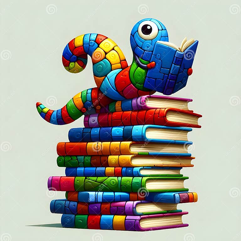 Image of a Stack of Random Colorful Books with Patchwork Bookworm on it ...