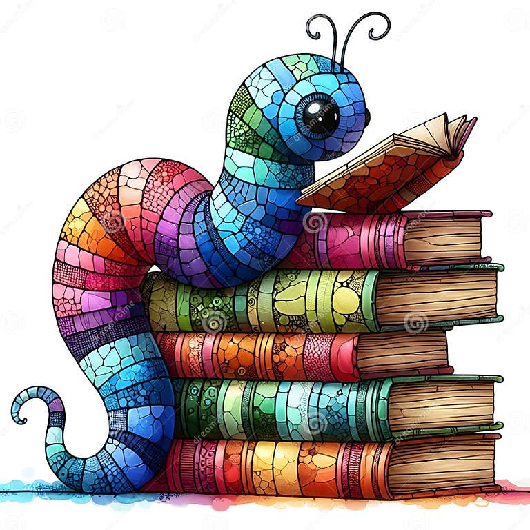 Image of a Stack of Random Colorful Books with Patchwork Bookworm on it ...