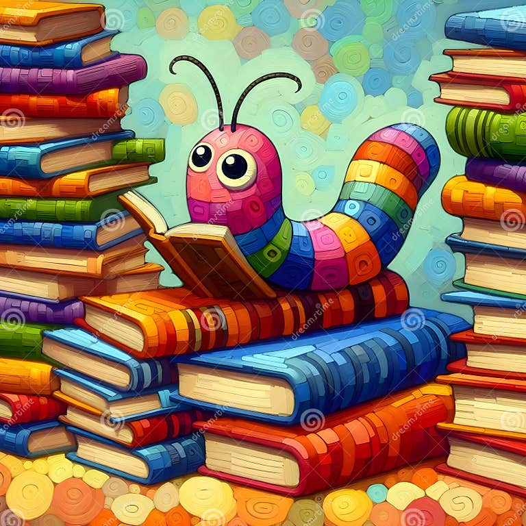 Image of a Stack of Random Colorful Books with Patchwork Bookworm on it ...