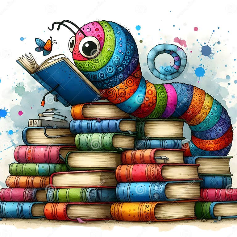 Image of a Stack of Random Colorful Books with Patchwork Bookworm on it ...