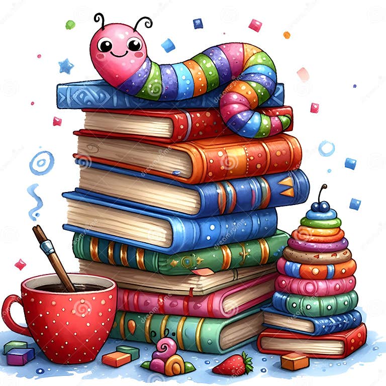 Image of a Stack of Random Colorful Books with Patchwork Bookworm on it ...