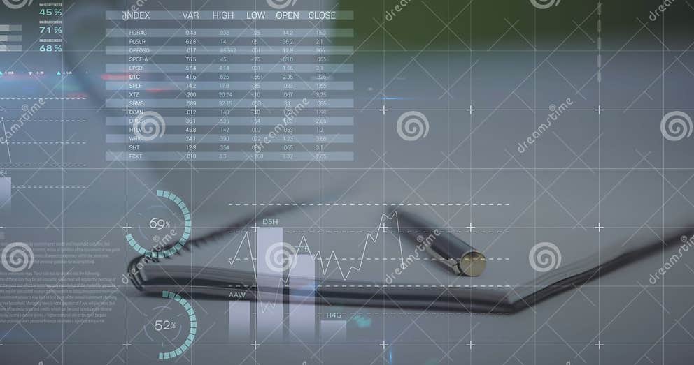 Image of Statistical Data Processing Against Close Up View of a Pen and Diary on Office Table ...