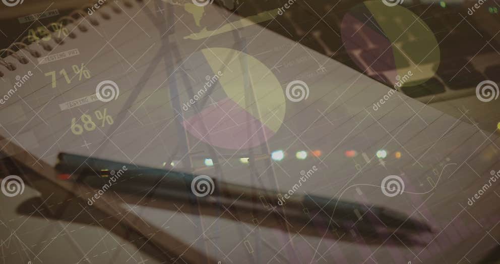 Image of Statistical Data Processing Over Pen and Diary on a Table Against Network Towers Stock ...