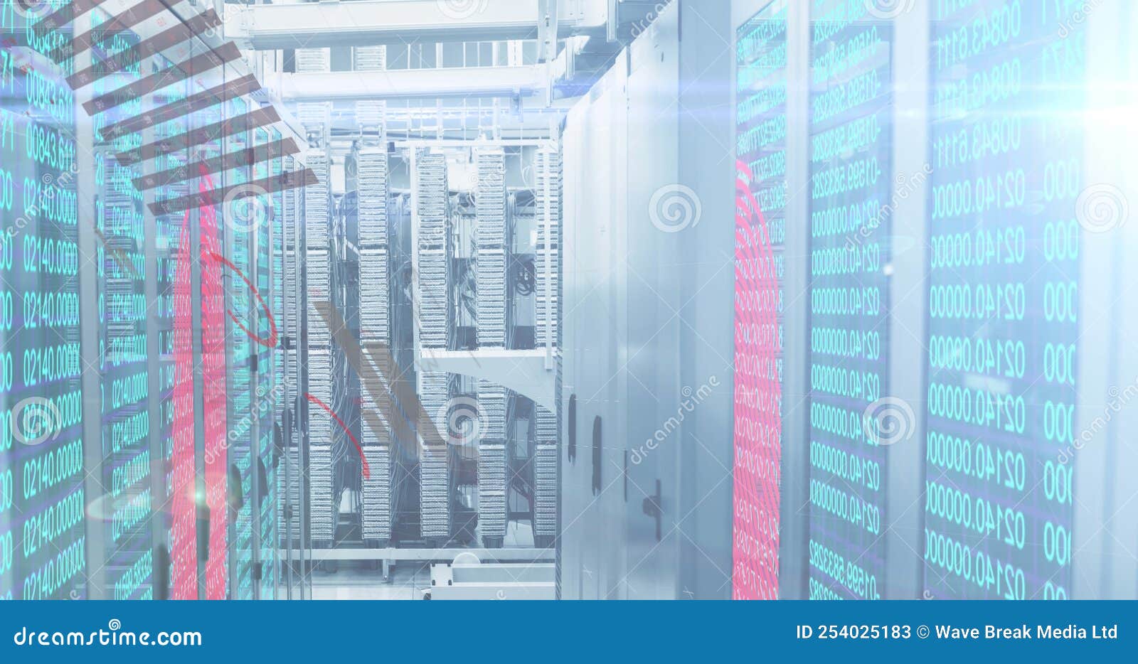 Image of Statistics and Graphs Rolling Over a Server Room with Screens ...