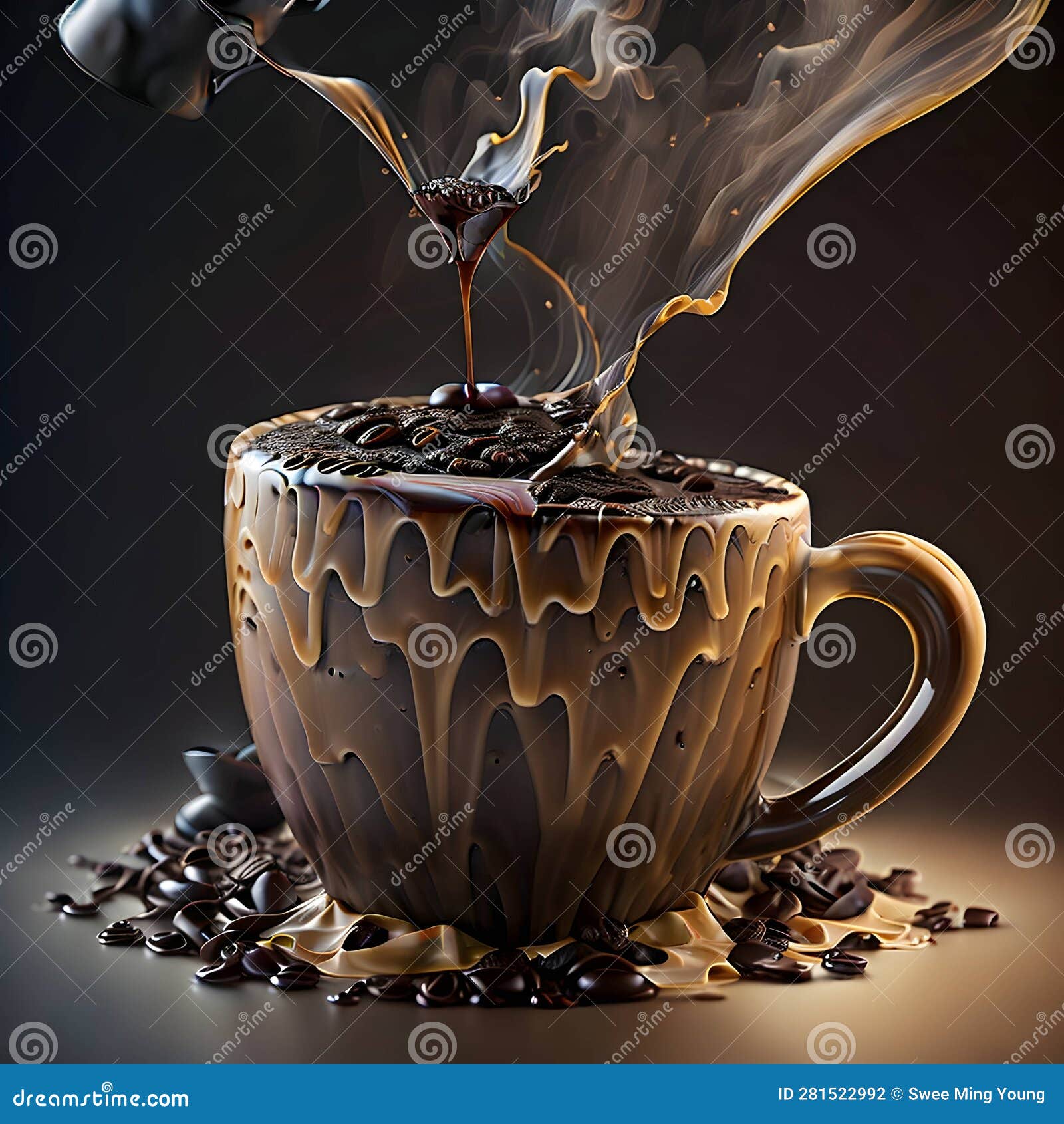 Image of a Steaming Hot Cup of Coffee Meets Cascading Ribbon of Melted ...