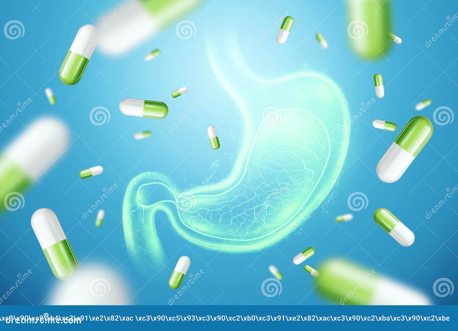 Image of the Stomach and Pills on a Blue Background. the Concept of ...
