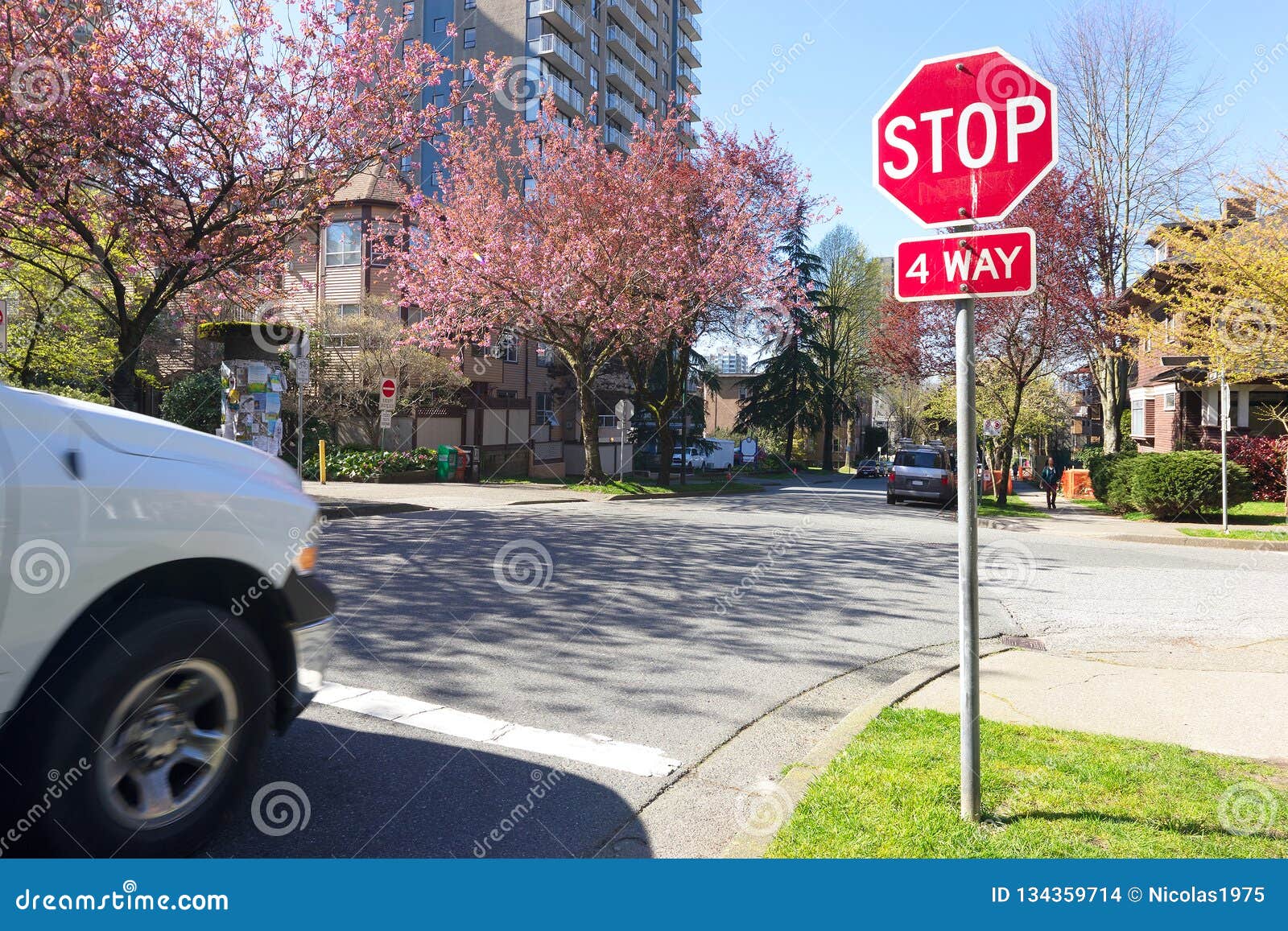 Stop sign car 4 way cross stock photo. Image of sign - 134359714
