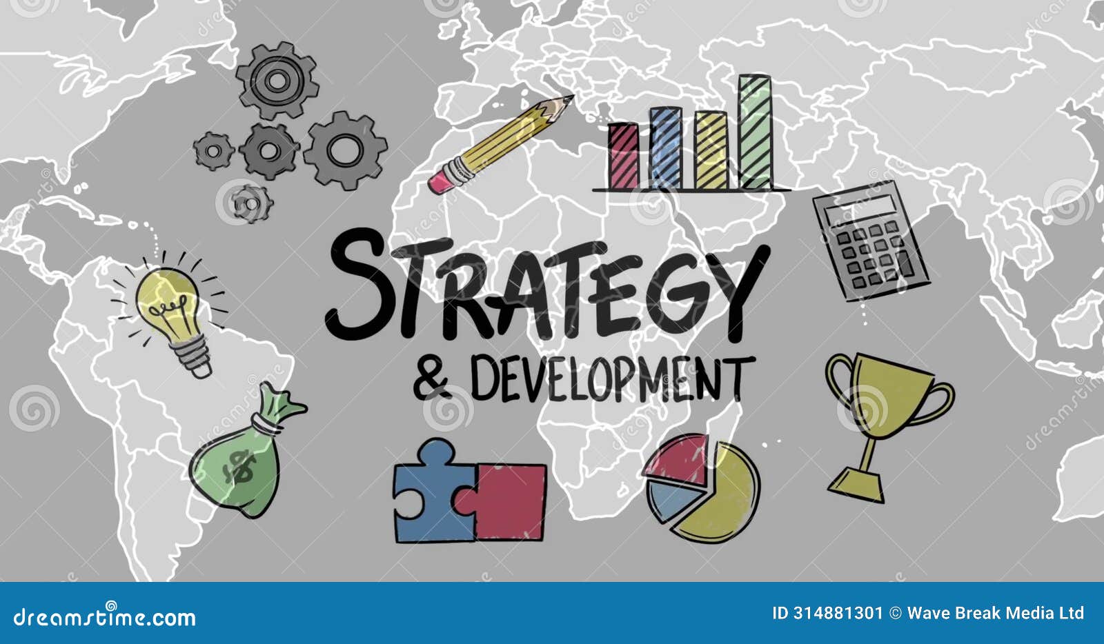 Image of Strategy and Development with Icons Over World Map on Grey ...