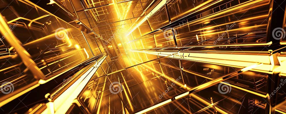 Futuristic Gold-colored High-tech Corridor with Dynamic Lighting ...