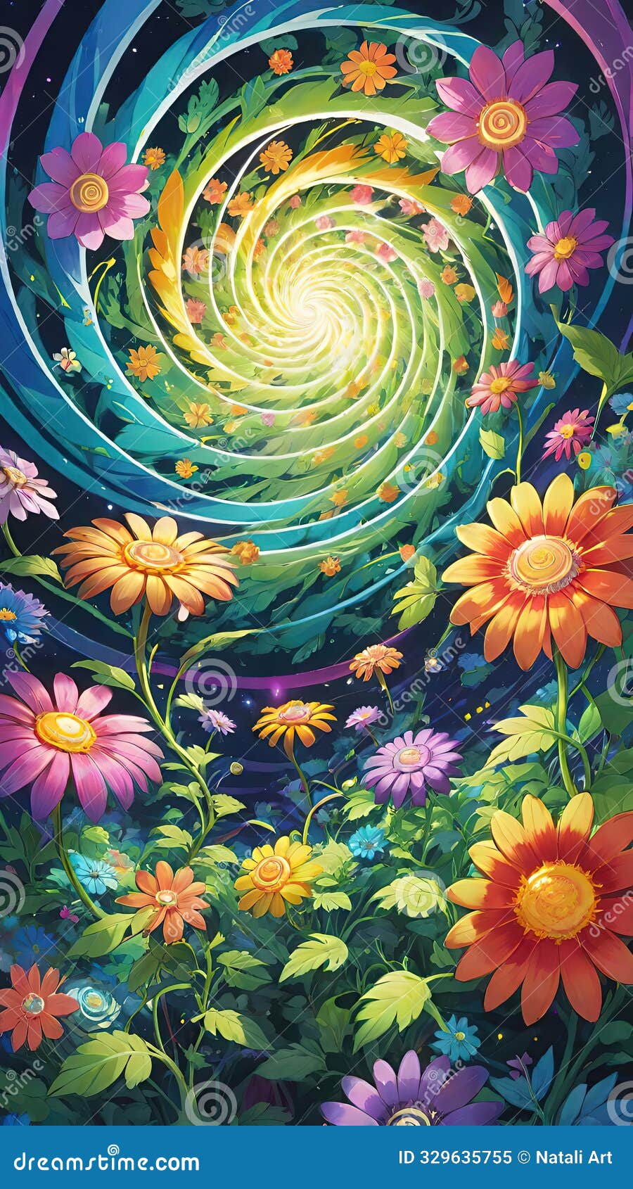 The Image of Stylized Flowers Arranged in a Circular, Spiral Pattern ...