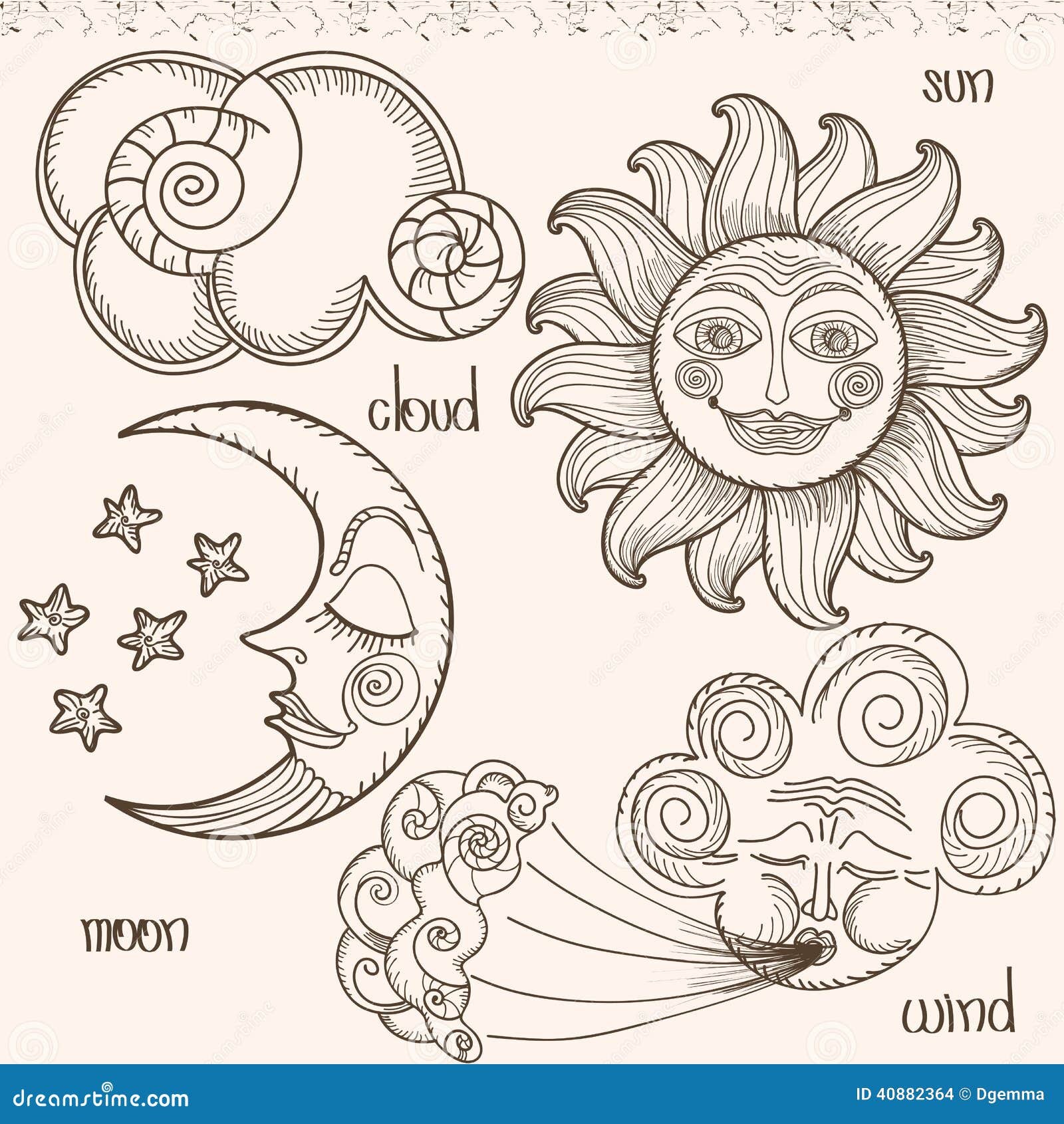 Image of the Sun, Moon, Wind and Clouds. Stock Vector - Illustration of ...