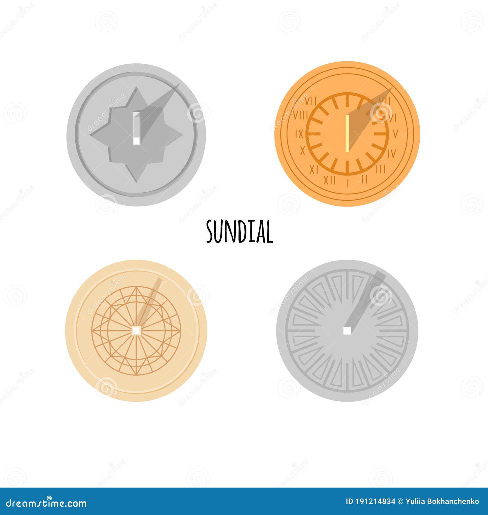 Image of a Sundial. View from Above. Set. Flat Design. Vector ...