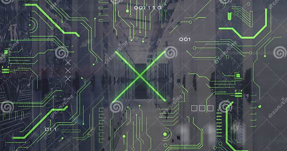 Image Of X Symbol With Binary Codes Over Circuit Board Pattern On