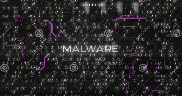 Image Of X Symbol On Malware Text With Circuit Board Pattern Against Binary Codes In Background