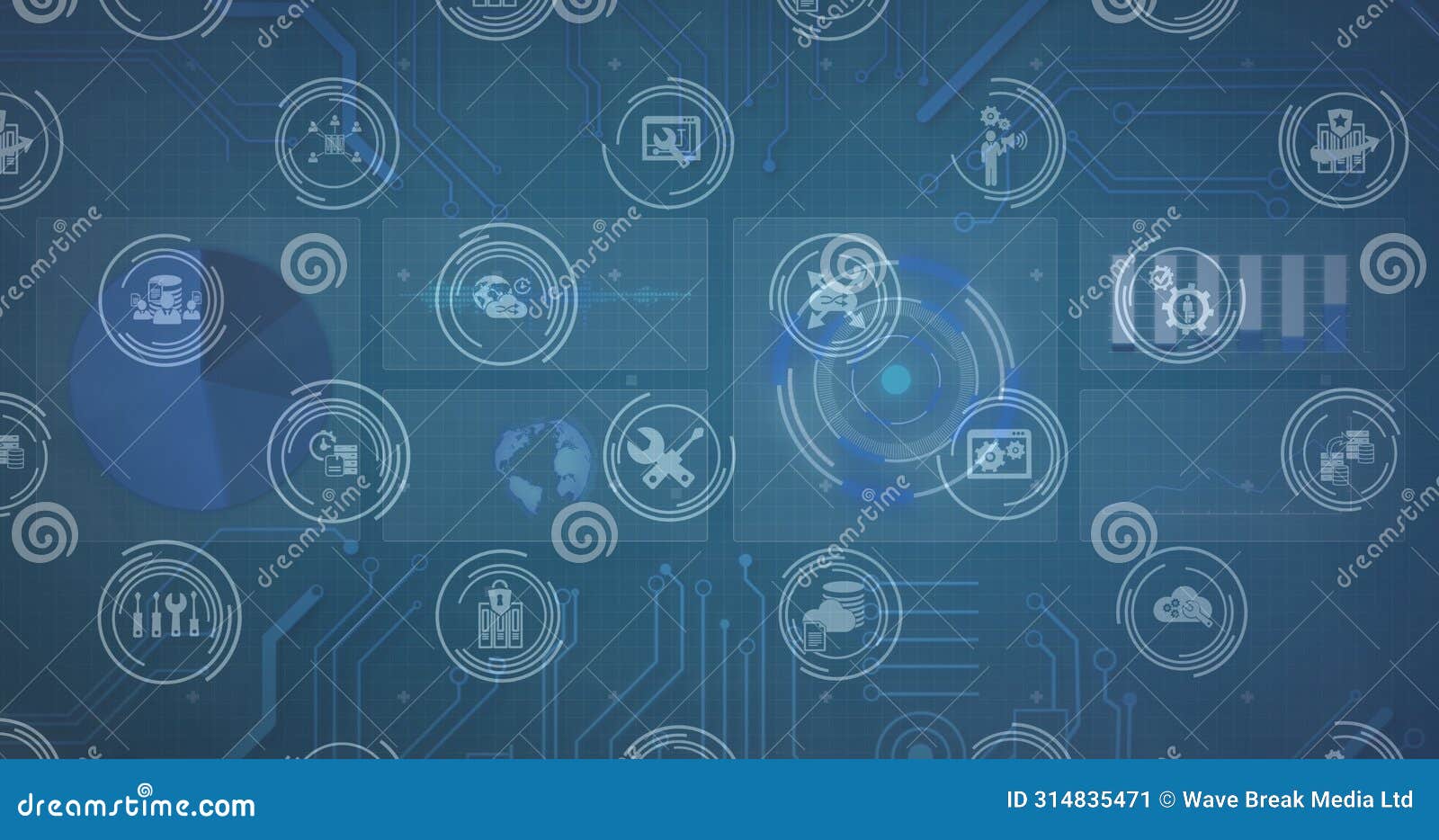 Image of Tech Icons and Motherboard on Green Digital Screen Stock Image ...